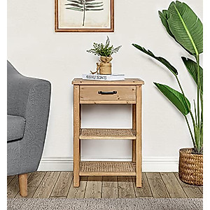 Brown Natural Solid Wood End Table with Drawer, Industrial Nightstand Sofa Side Table with 2 Tier Rattan Shelf, Fit for Bedroom, Living Room