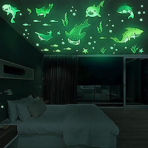 MESU Cartoon Shark Glow in The Dark Stickers Luminous Wall Decals Underwater World Home Ceiling Decor for Boys Room Nursery Kids Gift Shark