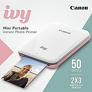 Canon IVY Mini Printer + 60 Sheets of ZINK Photo Paper Sticker (Incl 10 Bonus), Bluetooth Portable Mobile Pocket Compact Printer for Instant Print from Your Smartphone + Hard Carrying Case - Rose Gold