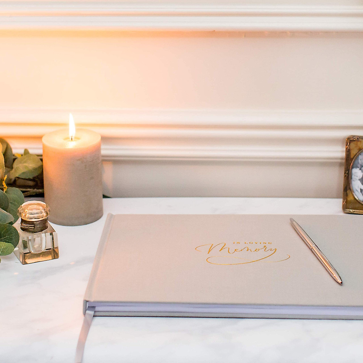 Condolence Book Funeral Guest Book, Memorial Memory Books – Blank Scrapbook Style Pages - Grey Fabric Remembrance Gift Set Hard Back with Pen