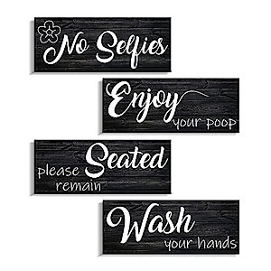 Bathroom Rules Wall Decor 4 Panels Funny Quote Wood Wall Sign Rustic Farmhouse Vintage Print Wooden Plaque Toilet Decorative Ready to Hang (10"x4" x 4, B)