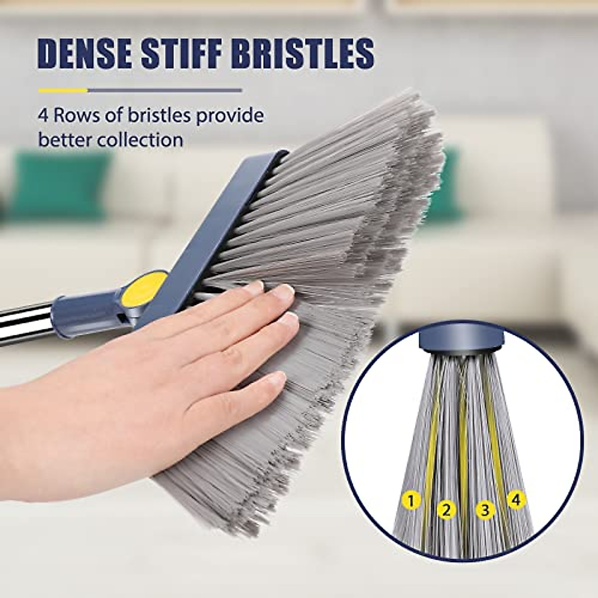 Broom and Dustpan Set for Home, Long Handle Broom with 180°Rotating Head Upright Large Dustpan with Comb Teeth, Easy Storage Floor Broom and Dustpan Combo for Home Kitchen Office Lobby