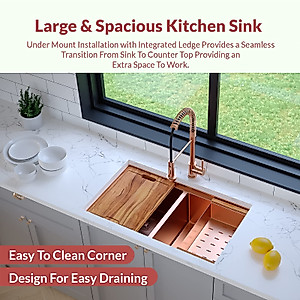 Strictly Sinks 32” Undermount Workstation Copper Kitchen Sink– 16 Gauge Double Bowl Kitchen Sink with Bottom, Grid Wooden Cutting Board, Colander and Two Strainer Square Drains