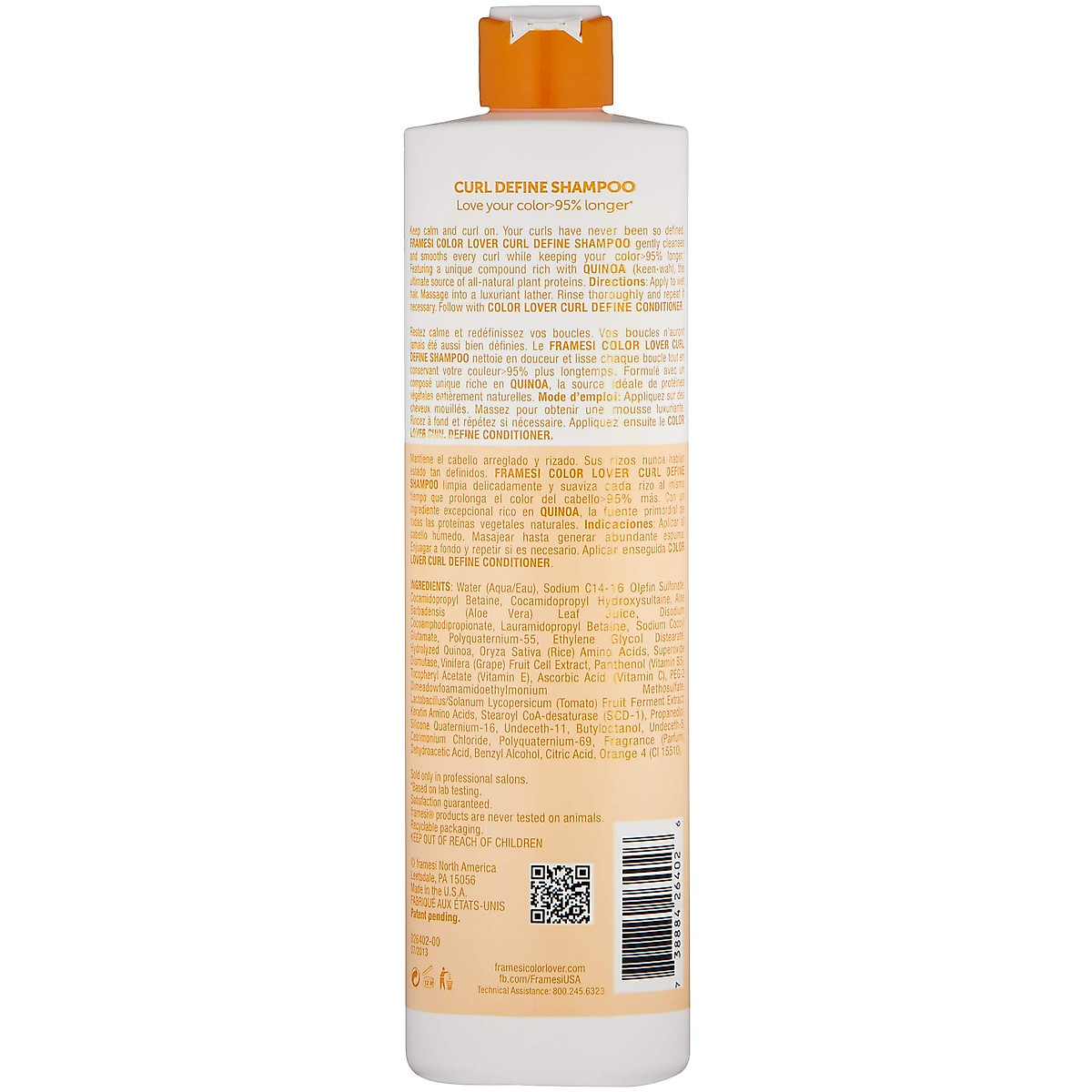 Framesi Color Lover Curl Define Shampoo, 16.9 fl oz, Shampoo for Curly Hair with Quinoa and Aloe Vera, Color Treated Hair