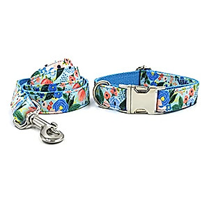 CXDTBH Pet Collars for Dogs Engraving Customized Name Dog Collar Adjustable Durable Bow Tie Dog Collar and Leash Set Blue Floral ( Color : E , Size : XL )