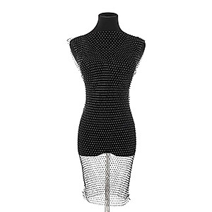 Graeen Rhinestone Mesh Body Chain Crystal Mesh Dress Fishnet Hollow Out Dress Sparkly See Through Coverups for Women (Black)