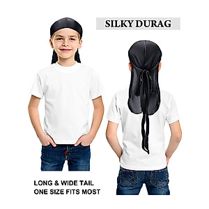 2 Pieces Silky Satin Baby Durags Kids Satin Durag Caps Headwraps with Long Tail and Wide Straps for 360 Waves (Black, Royal Blue)