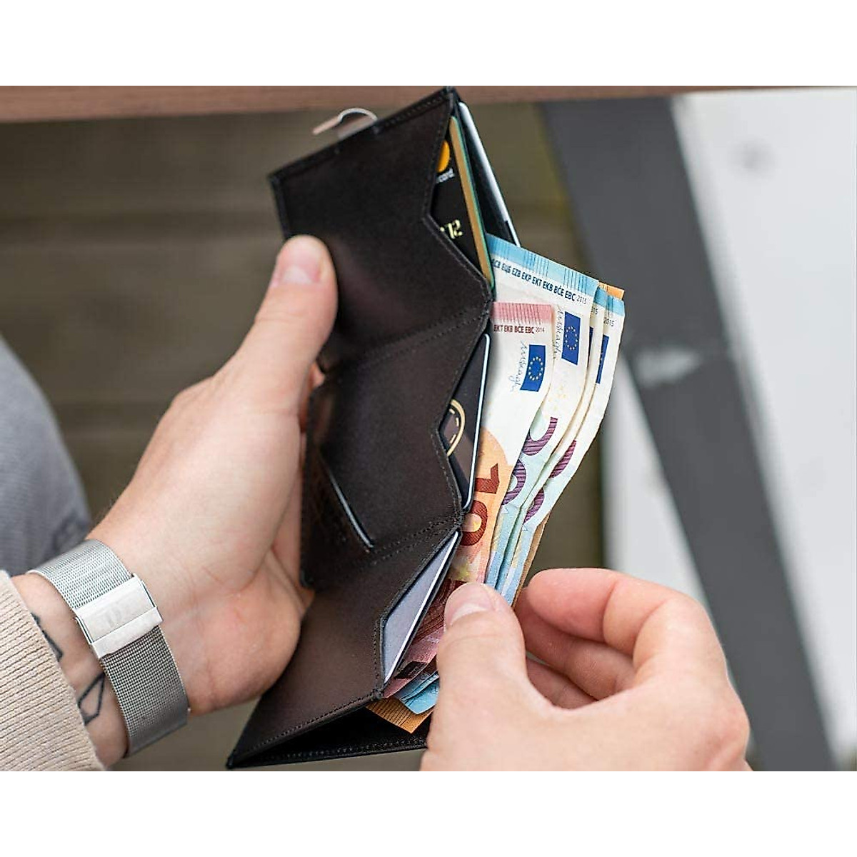 EXENTRI Leather Trifold Wallet - RFID Blocking w/Stainless Steel Locking Clip (Black)