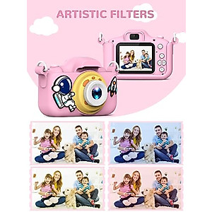 Andoer Kids Camera Toy Children Mini Camera Dual Front and Rear Digital Camera, Gift for Boys and Girls 3-12 Year Old with Astronaut Cartoon Soft Silicone Cover 32GB Card & USB 2.0 Card Reader