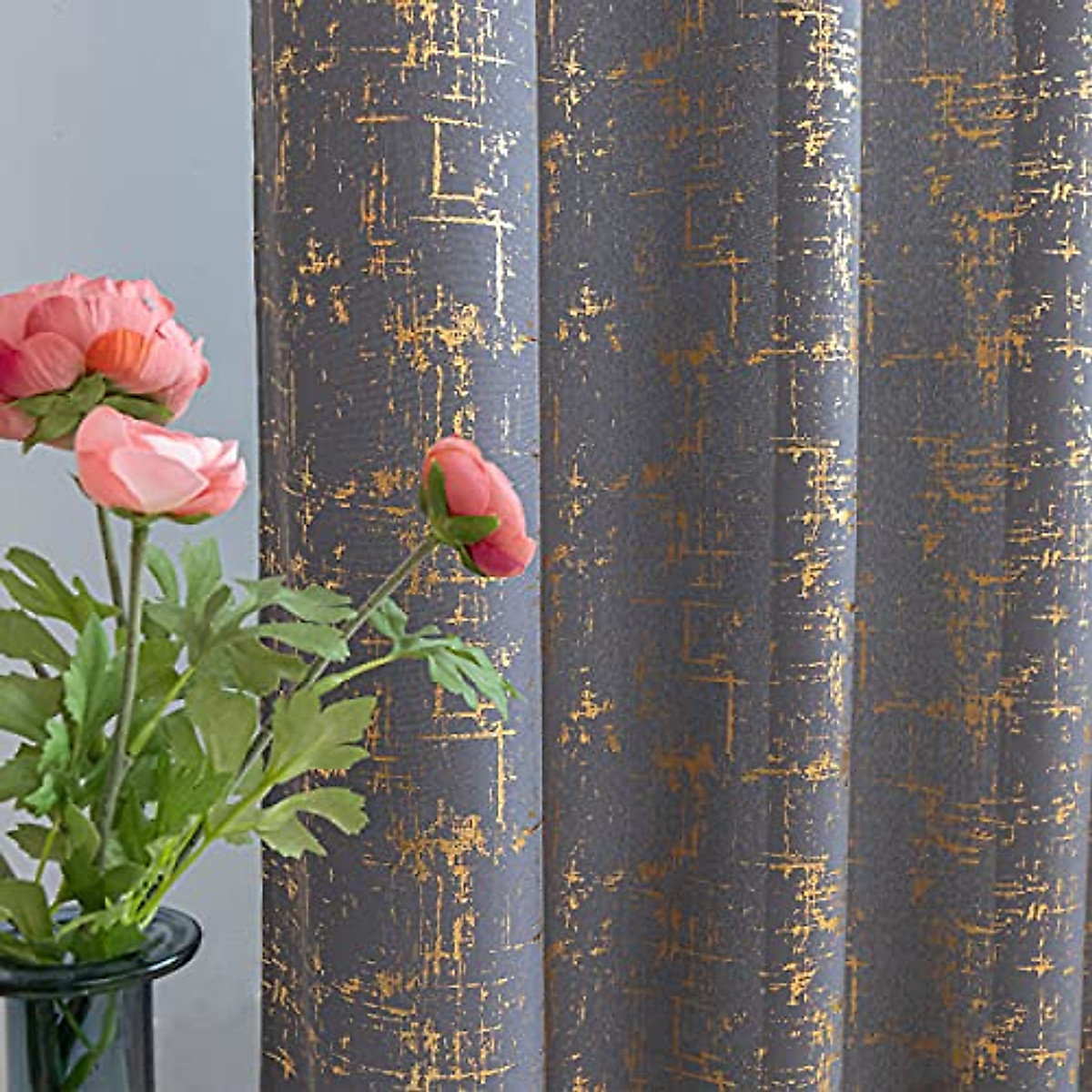 Taisier Home Gold Foil Print Linen Textured Curtains Geometric Dots Pattern Design Curtains for Bedroom Living Room Thermal Insulated Window Treatment 2 Panels 84" L,Soft Grey and Gold Curtains Print