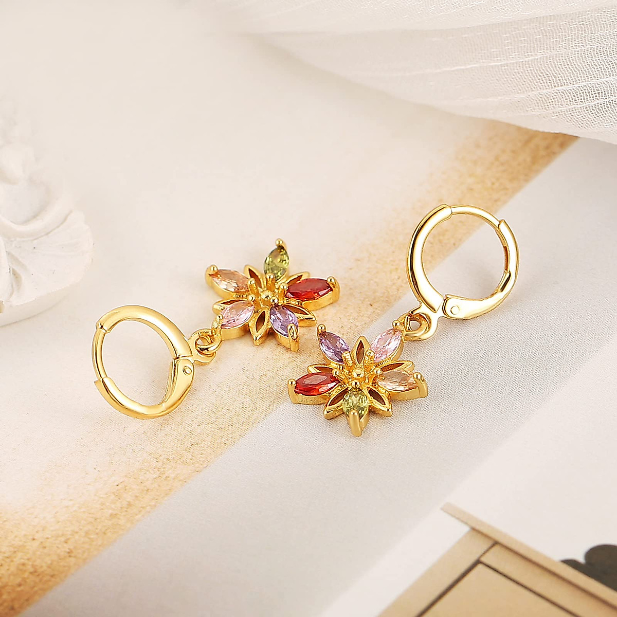 HZMAN 14K Gold Plated Sterling Silver Crystal Flower Earrings for Women Cubic Zirconia Drop Dangle Earring Fashion Earring Jewelry Gift (Colorful Flower)