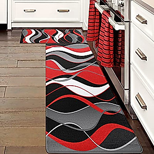 FNLNDO Red and Black Kitchen Rugs and Mats for Floor Anti Fatigue Kitchen Rugs Set of 2 Red Modern Art Non-Skid Washable Kitchen Mats for Kitchen Sink Laundry (Red, 17.5"x29.5"+17.5"x47")