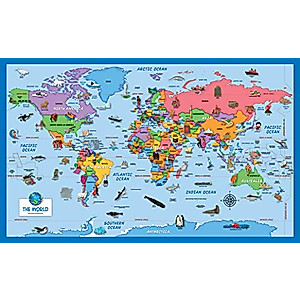 2 Pack - World Map Poster for Kids [Illustrated] + Simplified United States Map (Laminated, 18" x 29")