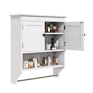 Bealife Bathroom Wall Cabinet with Towels Bar, Wall Mounted Medicine Cabinet with 2 Door and Adjustable Shelves, Space Saver Over Toilet Storage Cabinet for Bathroom Laundry Room Kitchen, White