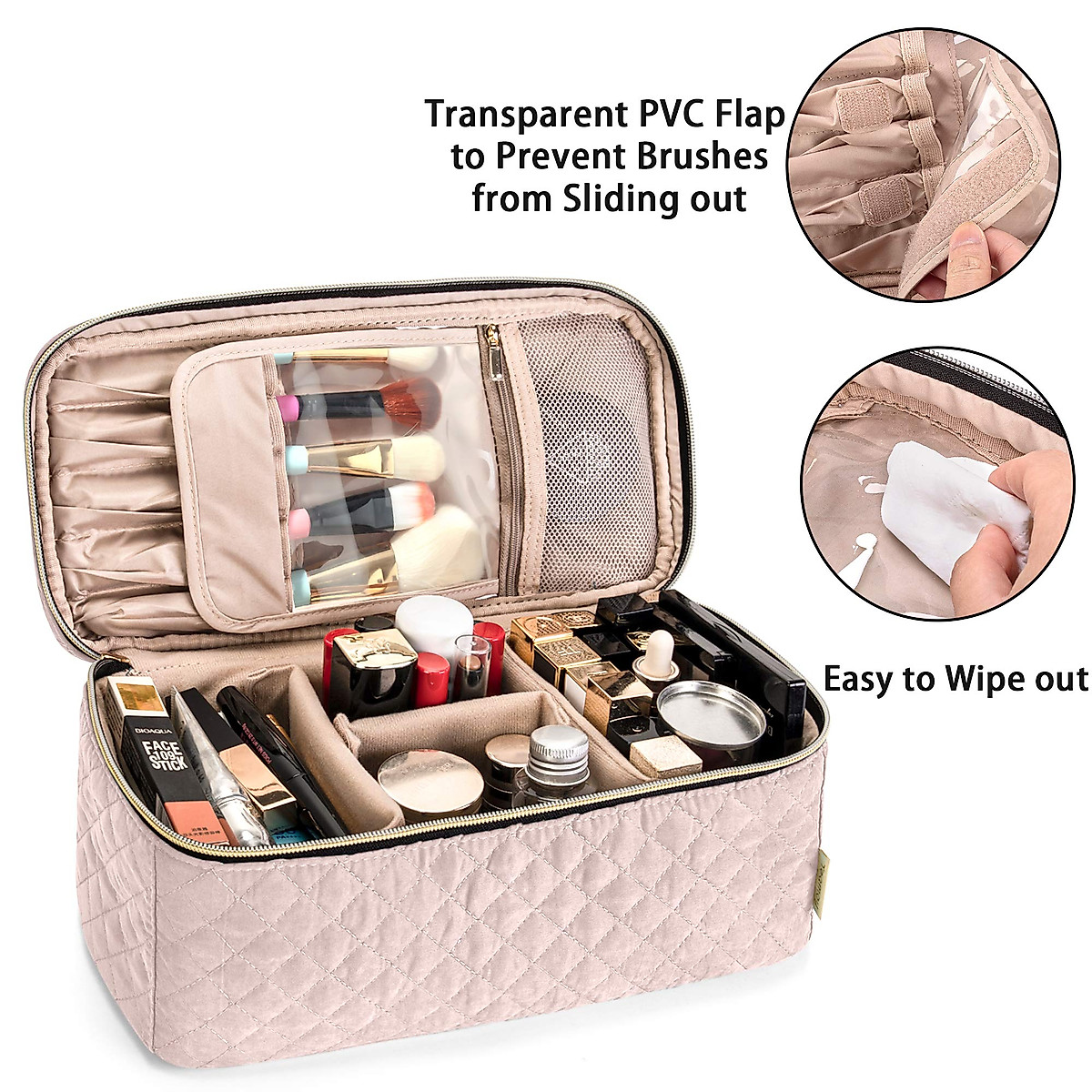Teamoy Travel Makeup Brush Case, Makeup Train Organizer Bag with Handle for Makeup Brushes(up to 8-inch) and Essentials, Large, Misty Rose(BAG ONLY)