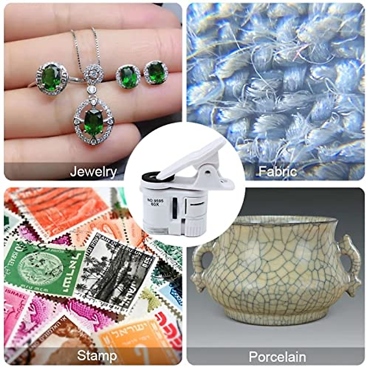 60x Pocket Microscope, Handheld Portable LED Lighted Magnification Endoscope with a Mobile Phone Adapter Clip, Built-in UV and LED Flashlight