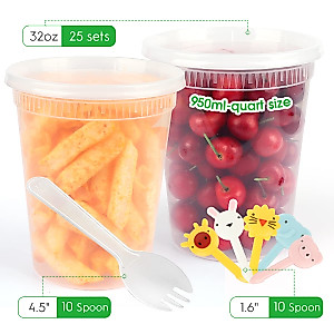 [50 Pack,3 Sizes] Food Storage Containers with Lids, 50 Combo Pack 8oz, 16oz, 32oz Airtight Deli Food Containers w 10 Spoons, BPA-Free Leakproof Takeout Meal Prep Dishwasher, Microwave, Freezer Safe