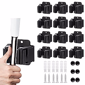 JAMEND CLXP 12PCS Broom and Mop Holder, Heavy Duty Garden Tool Organizer Rack Rake and Shovel Handle, Stainless Steel Mop Hanger. Wall Mounted with Screws.Matte Black