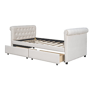 Jintop Twin Size Velvet Upholstered Daybed with Trundle and Two Armrests,Storage Wonden Bed Frame,W/Drawer,Wood Slat Support,for Apartment,Bedroom,Living Room,No Box Spring Needed,Beige