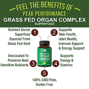 Peak Performance Grass Fed Beef Organ Complex from New Zealand (180 Capsules) Desiccated Organs Superfood Pills. GrassFed Beef Liver Capsules with Heart, Kidney, Pancreas, Spleen. Supplement