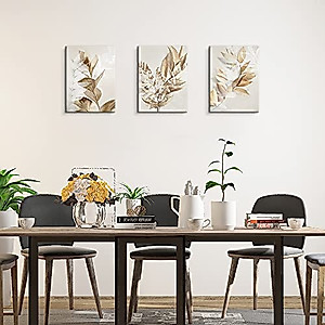 ARTINME Set of 3 Morden Gold Leaf Prints Wall Art, White Flower Gold Leaf Canvas Prints on Canvas Artwork for Dinning Room Bedroom Living Room 12 * 16 inch