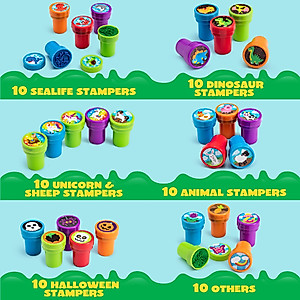 100 Pcs Assorted Stamps for Kids Self-ink Stamps (50 DIFFERENT Designs, Dinosaur, Zoo Safari Stampers) for Party Favor, Carnival Prizes, School, Easter Egg Stuffers, Halloween, Christmas
