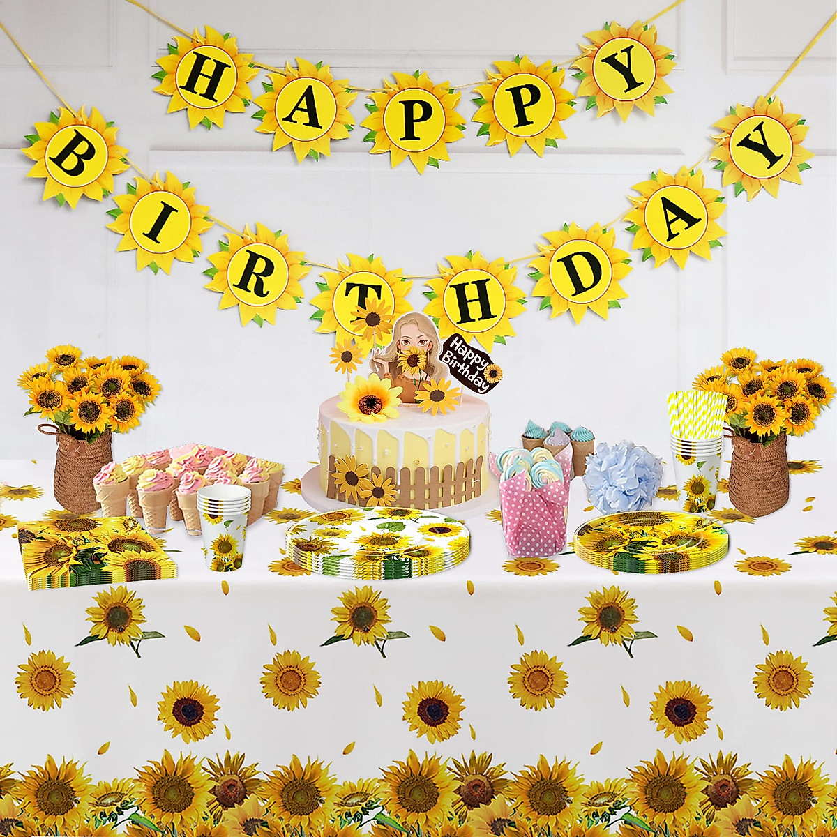 APOWBLS Sunflower Party Decorations Dinnerware, Sunflower Party Supplies For Birthday, Baby Shower, Bridal Shower, Plate, Cup, Napkin, Tablecloth, Cutlery, Straw, Sunflower Table Decorations, Serve 24