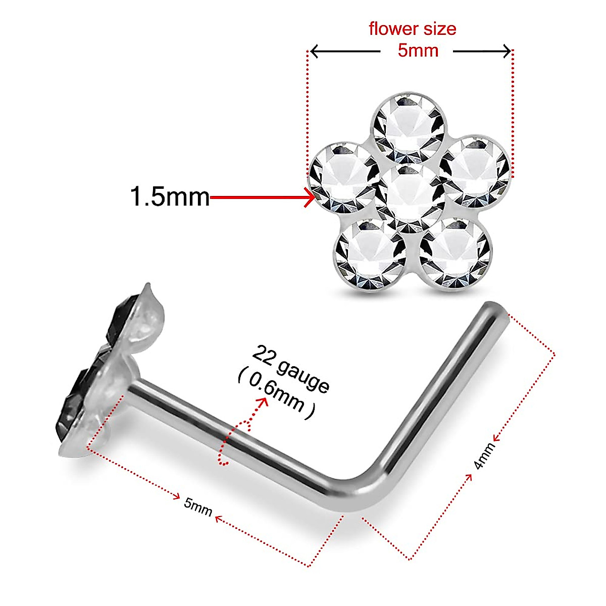 20 Pieces Box Set of Mix Colored Multi Crystal Stone Flower Top 22 Gauge 925 Sterling Silver L Shape Nose Stud