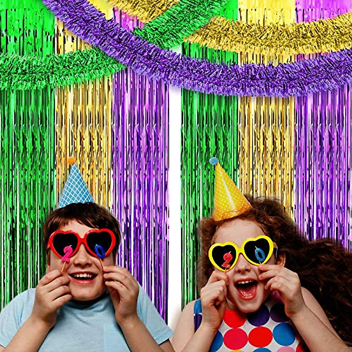 5 Pieces Mardi Gras Party Decoration Metallic Tinsel Foil Fringe Curtains Garland Photo Booth Props Table Skirt Background Backdrop Door Wall for Carnival Bunting Party Decoration Supplies