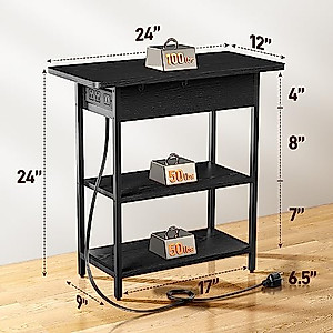 HOUIT End Table with Charging Station, Narrow Flip Top Side Table with USB Ports and Outlets, Nightstand with Storage for Small Spaces, Bedside Tables for Living Room, Bedroom - Black