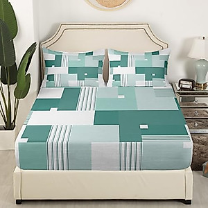 jejeloiu Geometric Sheet Set Full Size Kids White Green Geometry Square Sheets with Deep Pocket Fitted Sheet for Boys Girls Teens Modern Striped Art Bed Sheets Set Luxury Bedding Set Room Decor