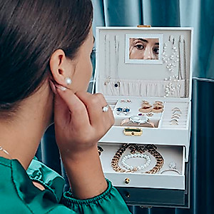 NUCAZA Jewelry Box For Women Girls With Mirror, 2-Layers Large Jewelry Organizer Box for Earrings, Necklaces, Bracelets & Rings - Travel Jewelry Case, Jewelry Holder Storage, Gifts For Women White