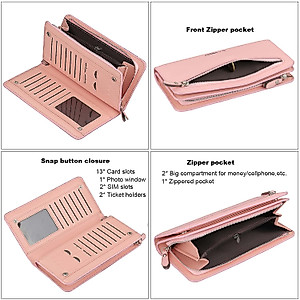Women’s Long PU Leather Wallet with Credit Card Holders Money Organizer Zipper Purse Wristlet Handbag (A Pink)