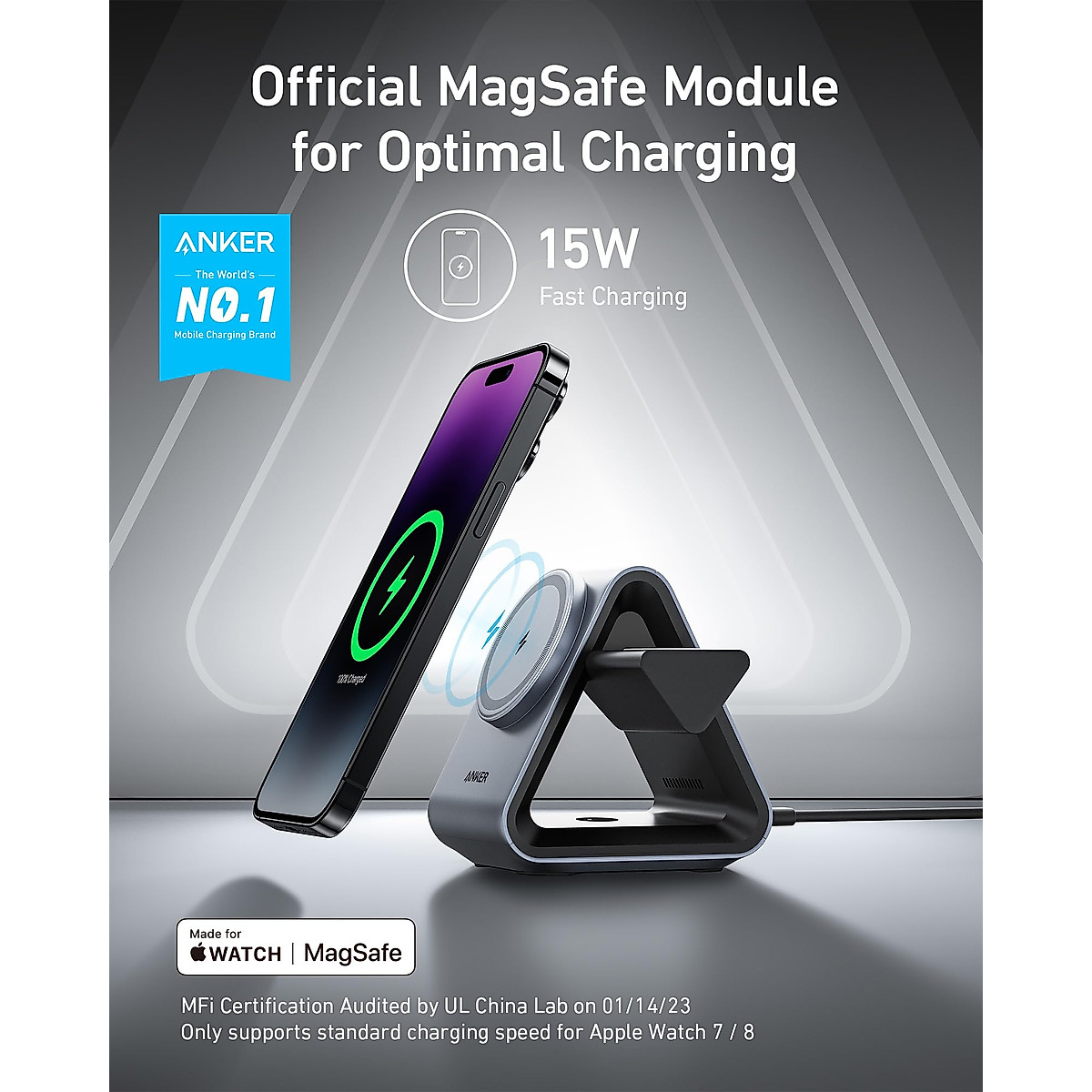 Anker MagSafe Charger Stand, 737 MagGo Charger, 3-in-1 Charging Stand with MFi-Certified 15W Max Fast Charging, iPhone 15/14/13/12 Series, Apple Watch S8/7/6, AirPods, 30W USB-C Charger Included