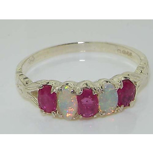 LetsBuyGold 925 Sterling Silver Natural Ruby and Opal Womens Anniversary Ring - Size 7.25