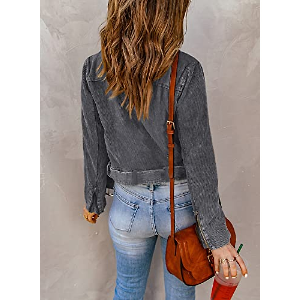 Dokotoo Motorcycle Jackets for Women Winter Fall Zip Up Collar Long Sleeve Zipper Corduroy Casual Fashion Blet Cropped Outerwear Gray Medium