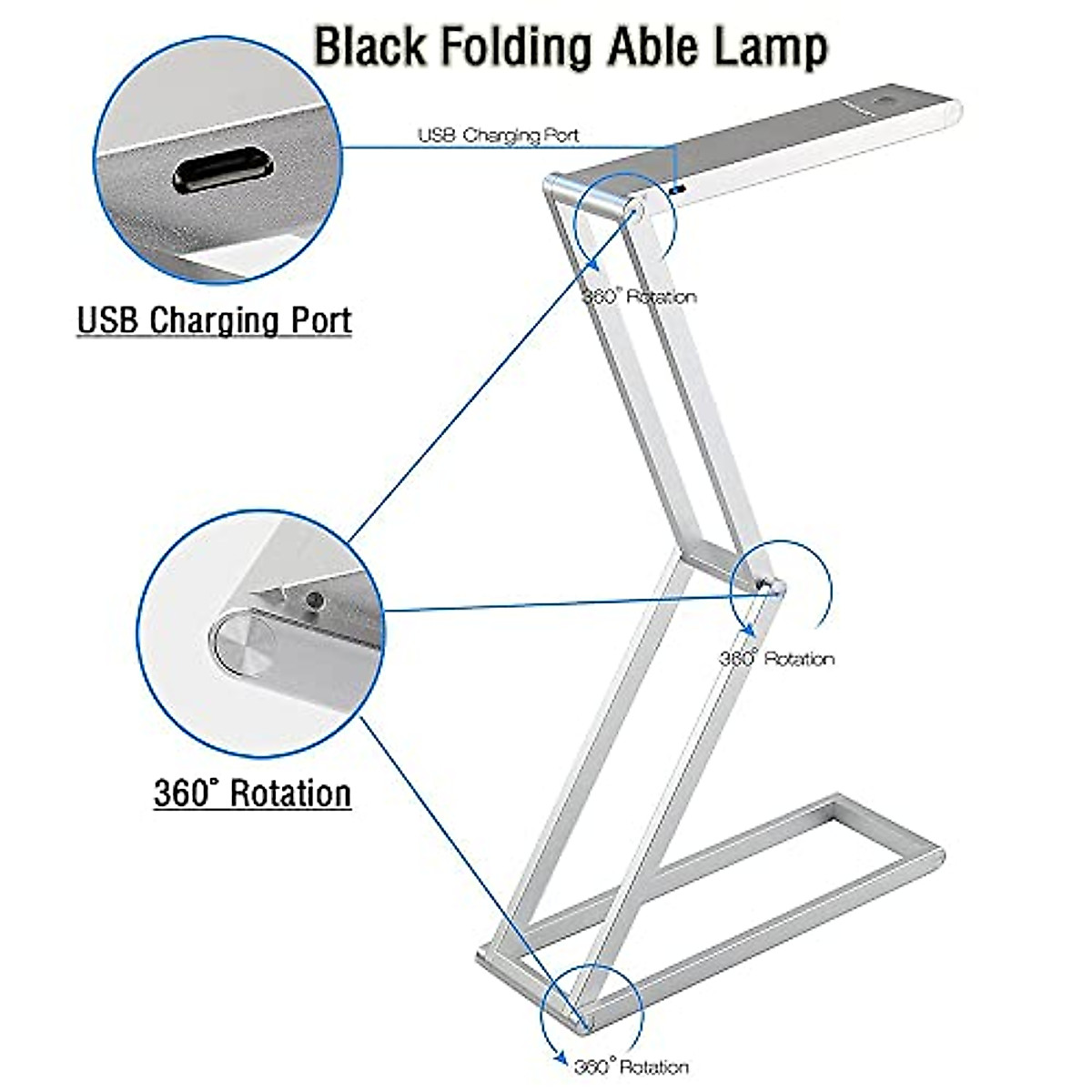 LEDHOLYT Foldable LED Desk Light, Slim Portable Rechargeable USB Table Light, Eye-Caring Aluminium Alloy Table Lamps,for Home, Reading, Studying, Work, Travel (Black)
