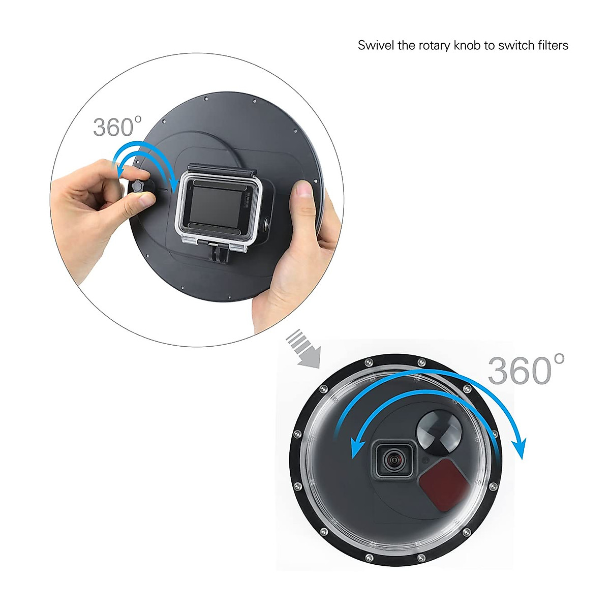 SOONSUN Waterproof Dome Port for GoPro Hero 5 Black Hero 6 Black Hero 7 Black Hero (2018) Camera, Underwater Dome Housing with Filters for GoPro Hero 5 6 7 Black, Built-in Red and 10x Close-up Filters