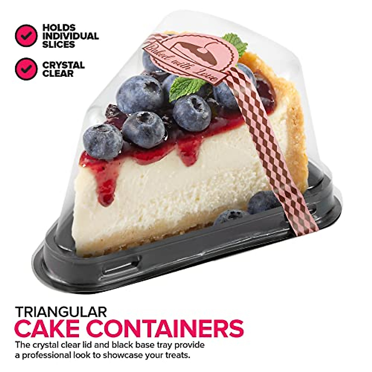 Cake Slice Containers Plastic Disposable, Cheesecake Boxes, Pie Container with Lid for Individual Slices of Cakes, Disposable Triangular Pie Box, Reusable, Complimentary Stickers (50 Pack)