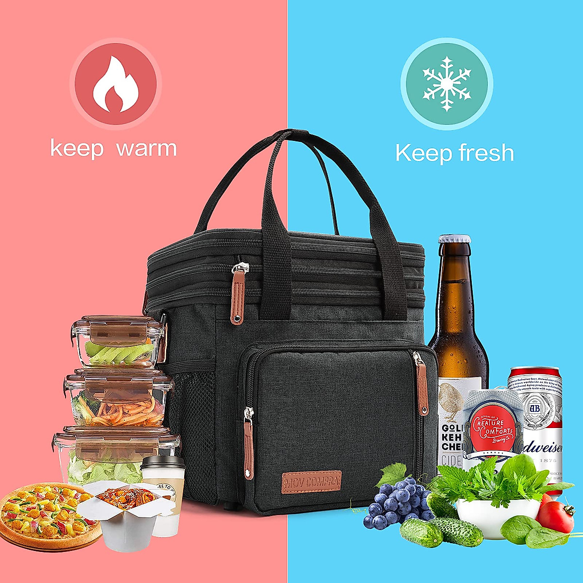 MOV COMPRA Movcompra Black Adult Insulated Lunch Box for Work, Expandable Large Lunch Bags for Women Men, Leakproof Double Deck Lunch Box Cooler Tote Bag with Removable Shoulder Strap
