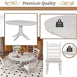 HAUSHECK Round 4-Extendable Table and Upholstered Chairs, Soft Padded Cushion, Modern Multifunctional Rustic Style Home Furniture, 5-Pieces Kitchen & Dining Room Sets, Antique White