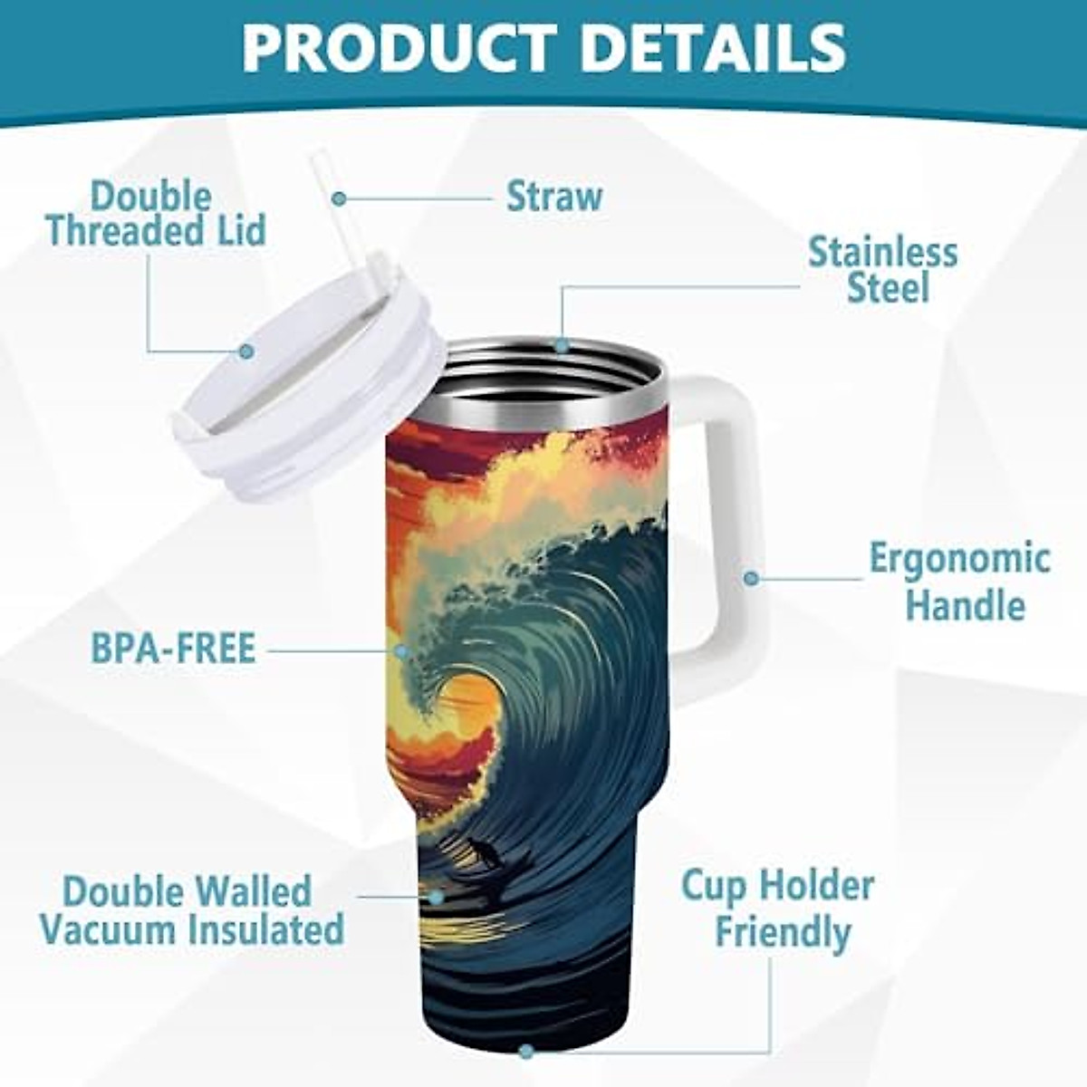 Jihqo Beach Surfer Riding Waves 40 oz Stainless Steel Vacuum Insulated Tumbler with Handle and Straw Lid, Leakproof Water Bottle Double Wall Travel Mug Coffee Cup, Cupholder Friendly