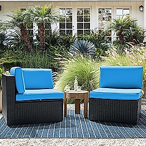 Flamaker 2 Pieces Patio Furniture Set Outdoor Loveseat All Weather PE Rattan Sofa Chair Set Corner Sofa Armless Sofa with Padded Soft Cushion (Blue)