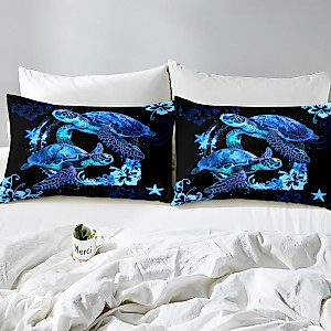Manfei Sea Turtle Kids Duvet Cover Set Queen Size, Blue Flower Starfish Bedding Set for Boys Girls Adult Bedroom Decor, Marine Animal Theme Comforter Cover, Soft Polyester Quilt Cover, 2 Pillowcases