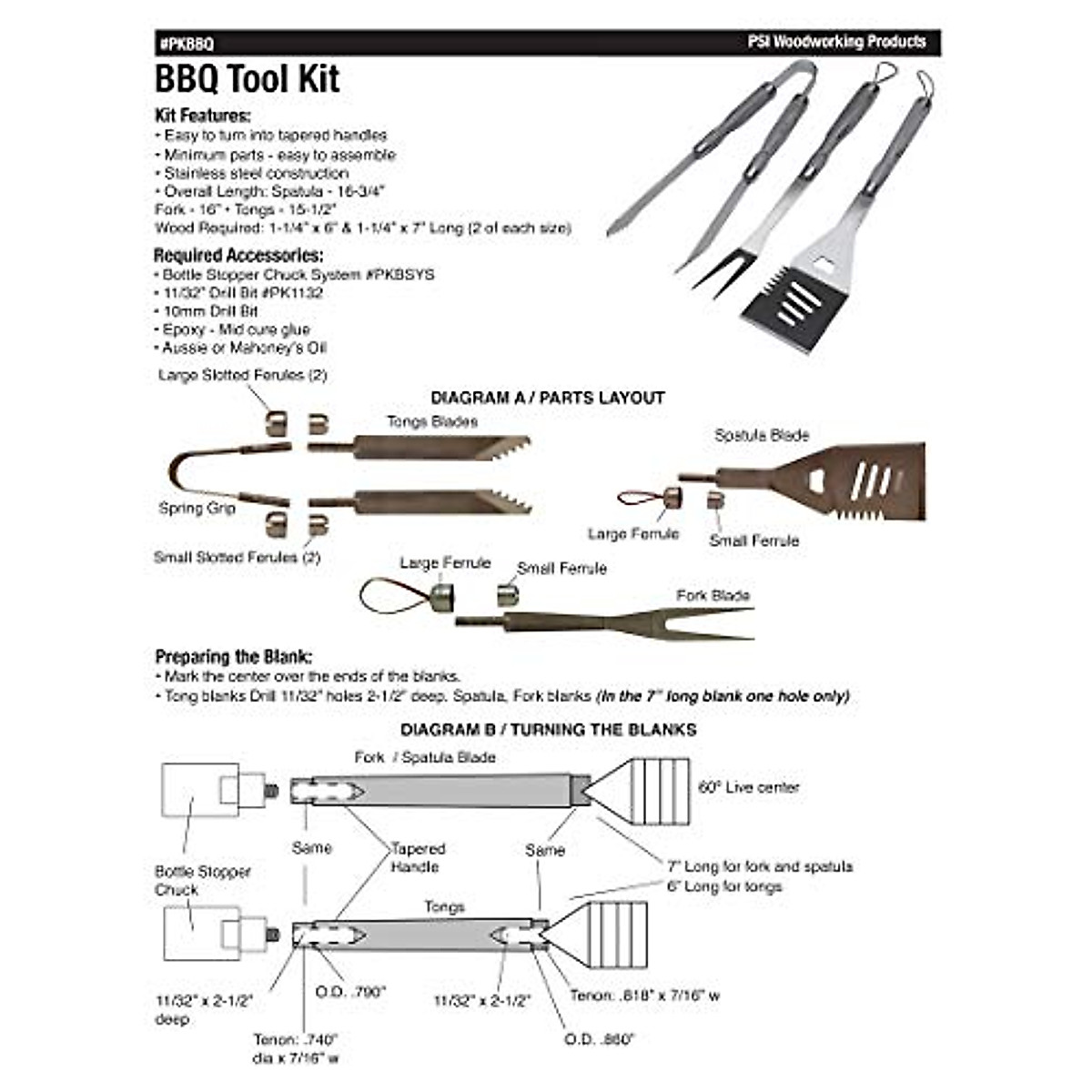 Penn State Industries PKBBQ 3pc Stainless Steel BBQ Grill Utensil Woodturning Project Kit