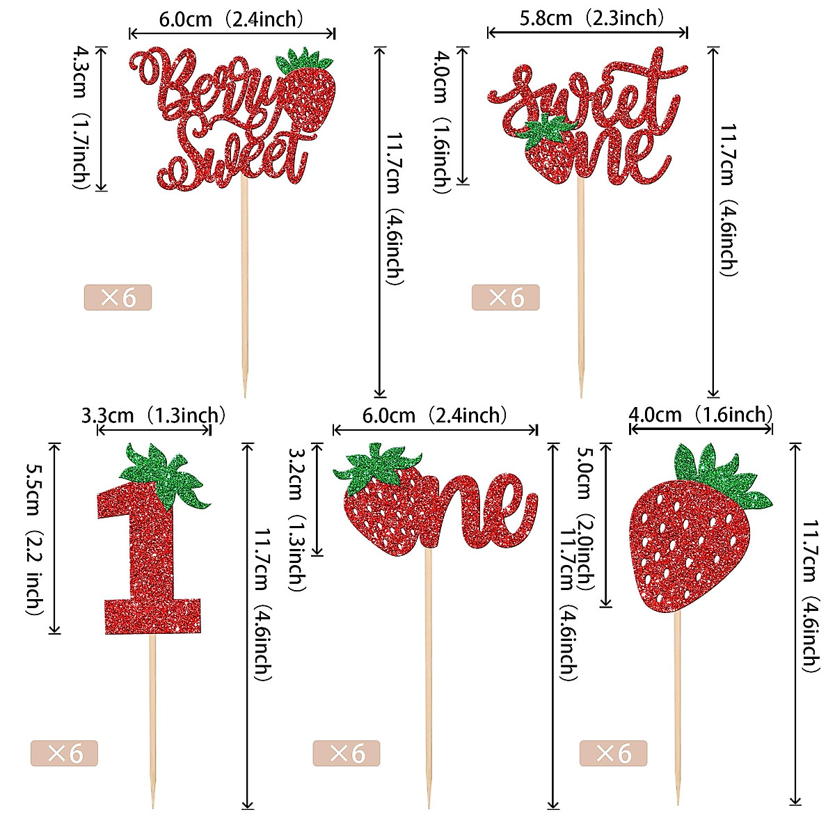 30 PCS Strawberry Sweet One Cupcake Toppers Glitter Berry Sweet 1st Birthday Strawberry Cupcake Picks for Fruit Theme Baby Shower Kids First Birthday Party Cake Decorations Supplies Red