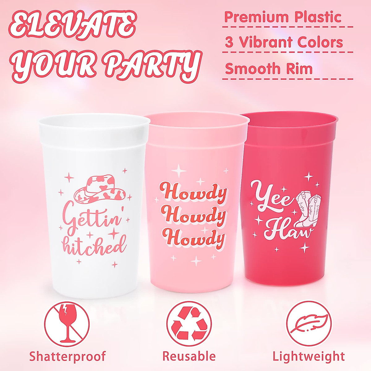 Tuitessine 12-Pack Disco Cowgirl Bachelorette Party Cups Reusable Girls Trip Stadium Plastic Cup Cute Drinking Cups for Western Bridal Shower Party Supplies Wedding Engagement Favor(22 oz)