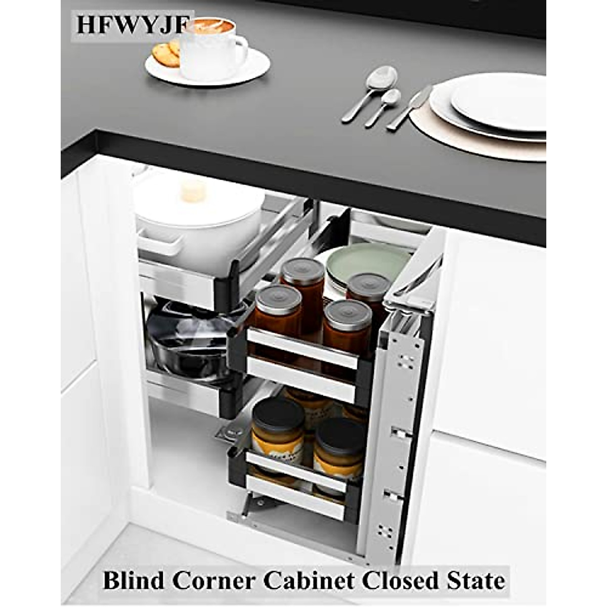 HFWYJF Blind Corner Cabinet Pull Out Organizer 15 Inch Opening,Magic Corner Base Cabinet Pull Out Left,Hidden Corner Cabinet Slide Out Shelves,2 Tier 4 Shelf Chrome Blind Corner Soft Close