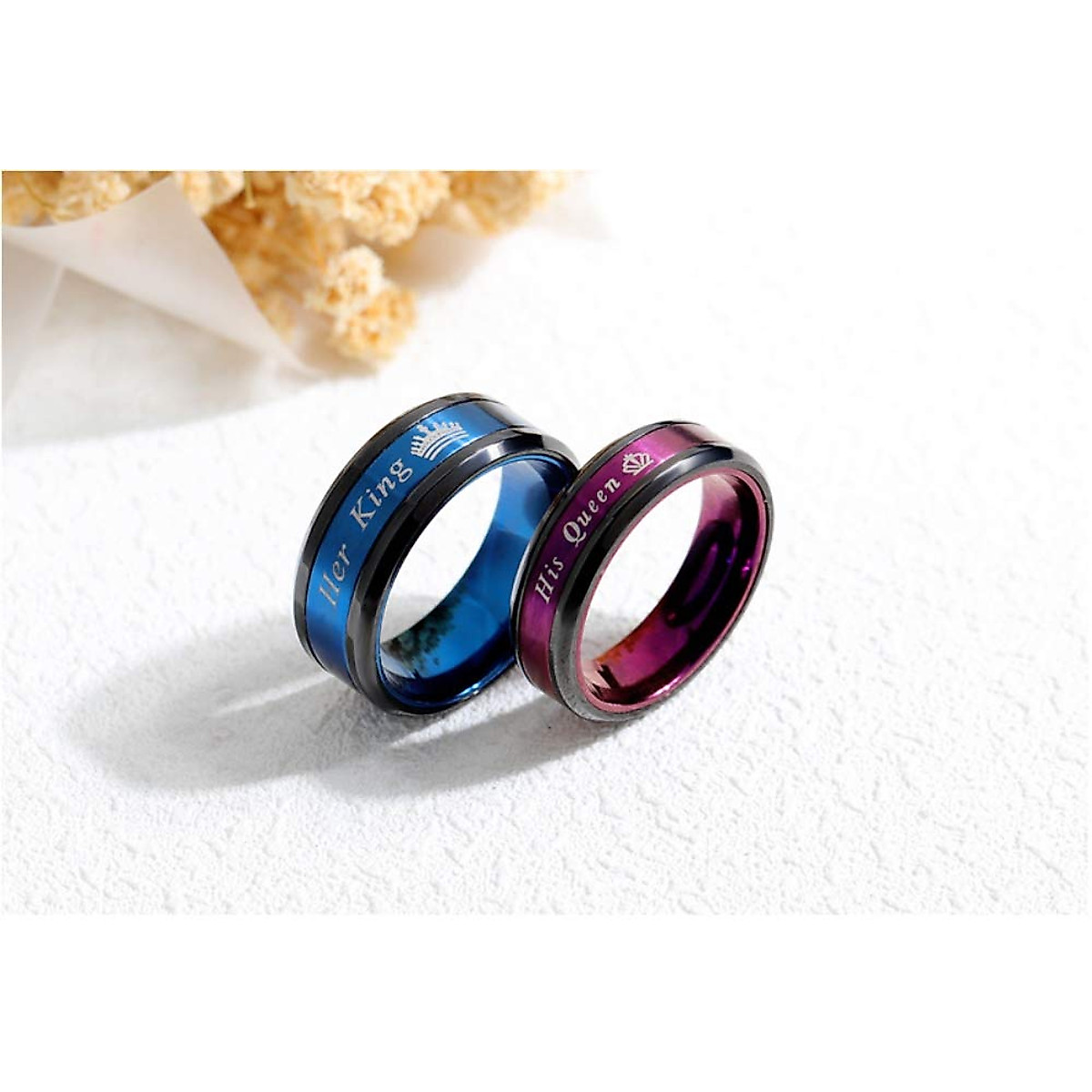 Blowin Set of 2 Matching Her King and His Queen Couple Ring Set Anniversary Engagement Wedding Bands Stainless Steel Promise Rings