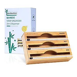 BamBooNism 3 in 1 Wrap Dispenser with Cutters and Labels, Foil Plastic Organizer, Aluminum Parchment Wax Paper Organization Storage for Kitchen, Fits 12'' Roll, Wood Color